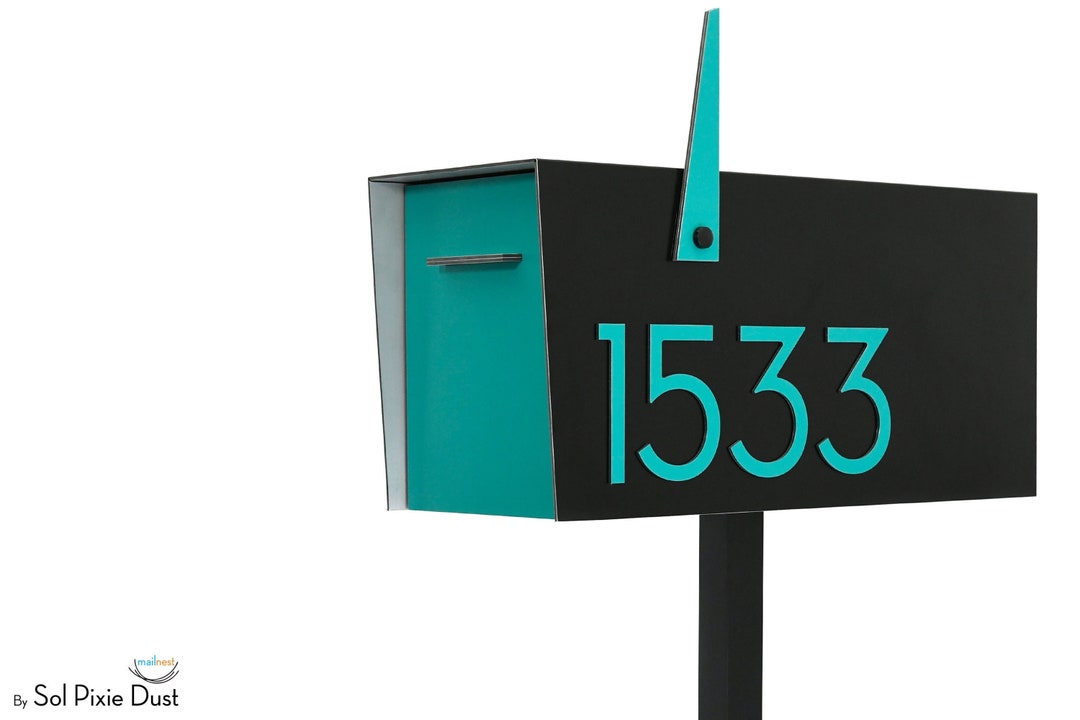 Contemporary Post Mounted Mailbox, Aluminum Black Body and Ocean Green ...