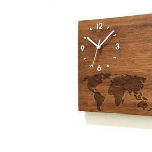 Solid Wood Wall Clock - World Map - Wood Laser Engraved - Massive Wood ...