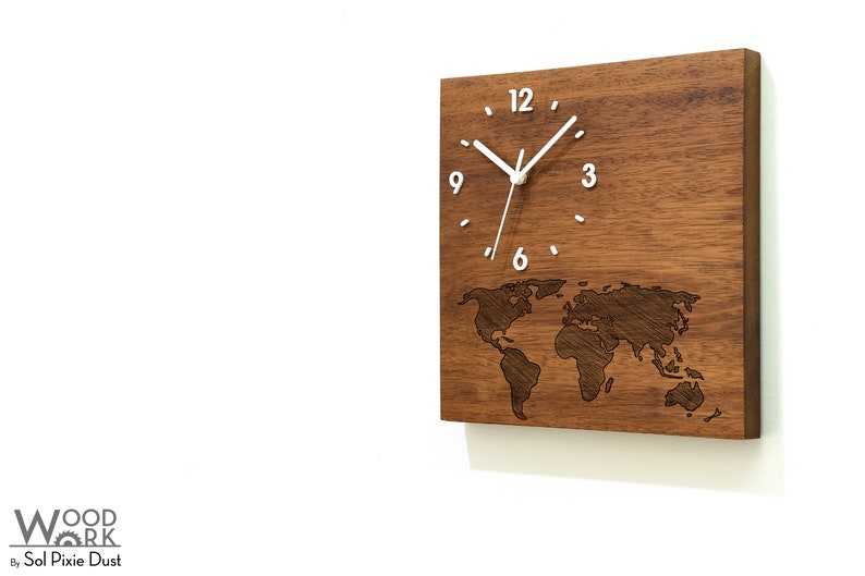 Solid Wood Wall Clock World Map Wood Laser Engraved | Etsy