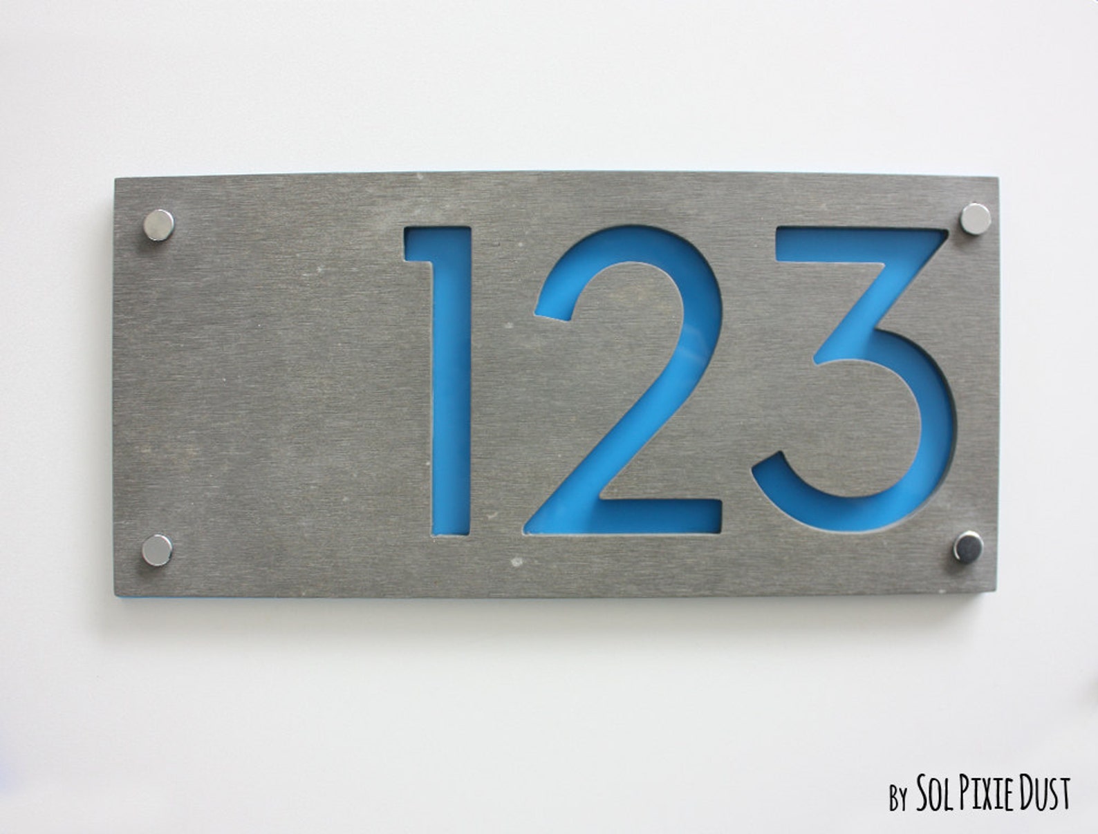 Modern House Numbers, Rectangle Concrete With Blue Acrylic ...