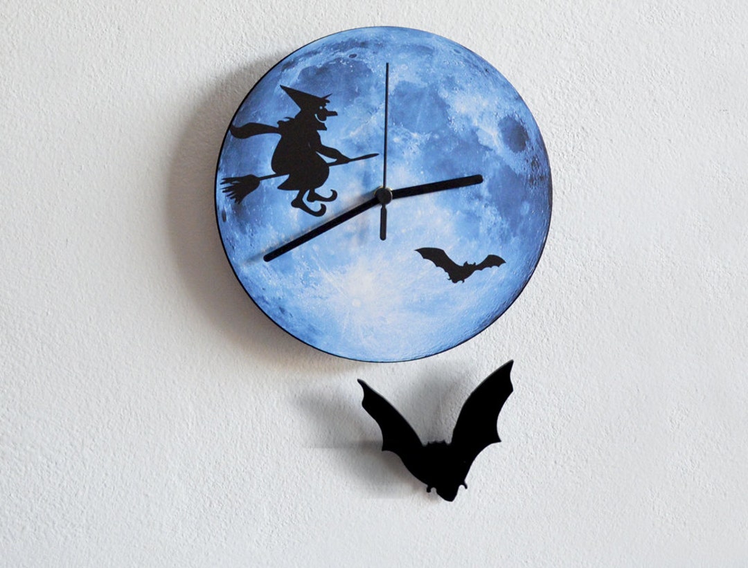 Halloween Bat Swinging on Moon With Witch Silhouette - Wall Clock With ...