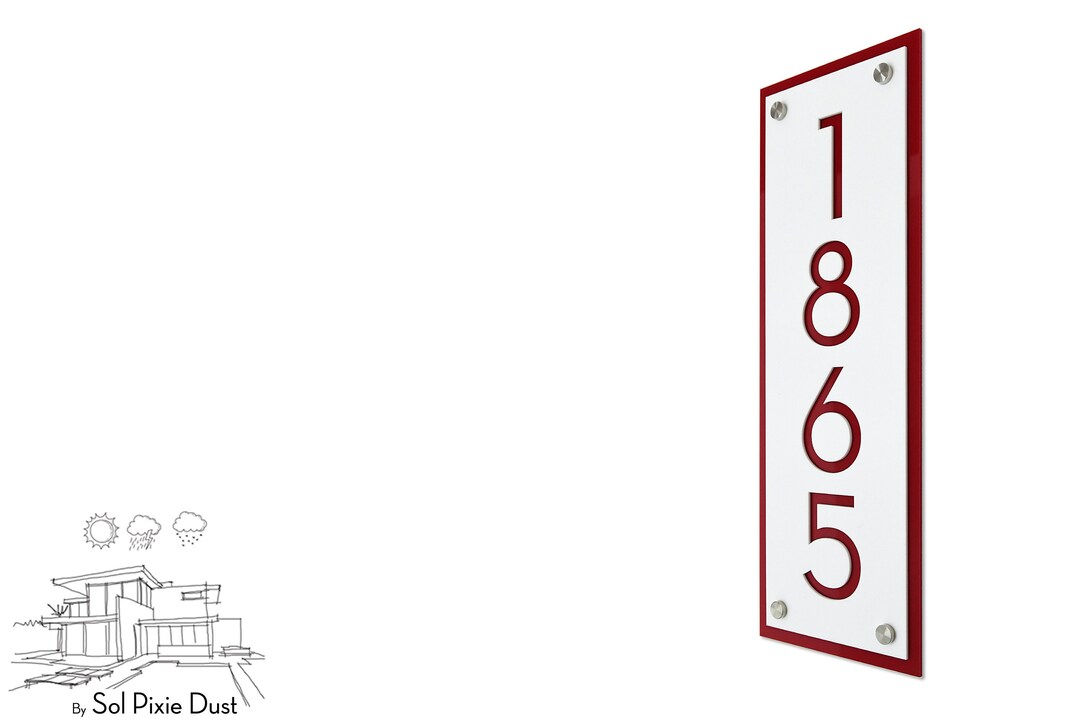 Modern House Numbers, Framed Matte White Acrylic With Red Acrylic ...