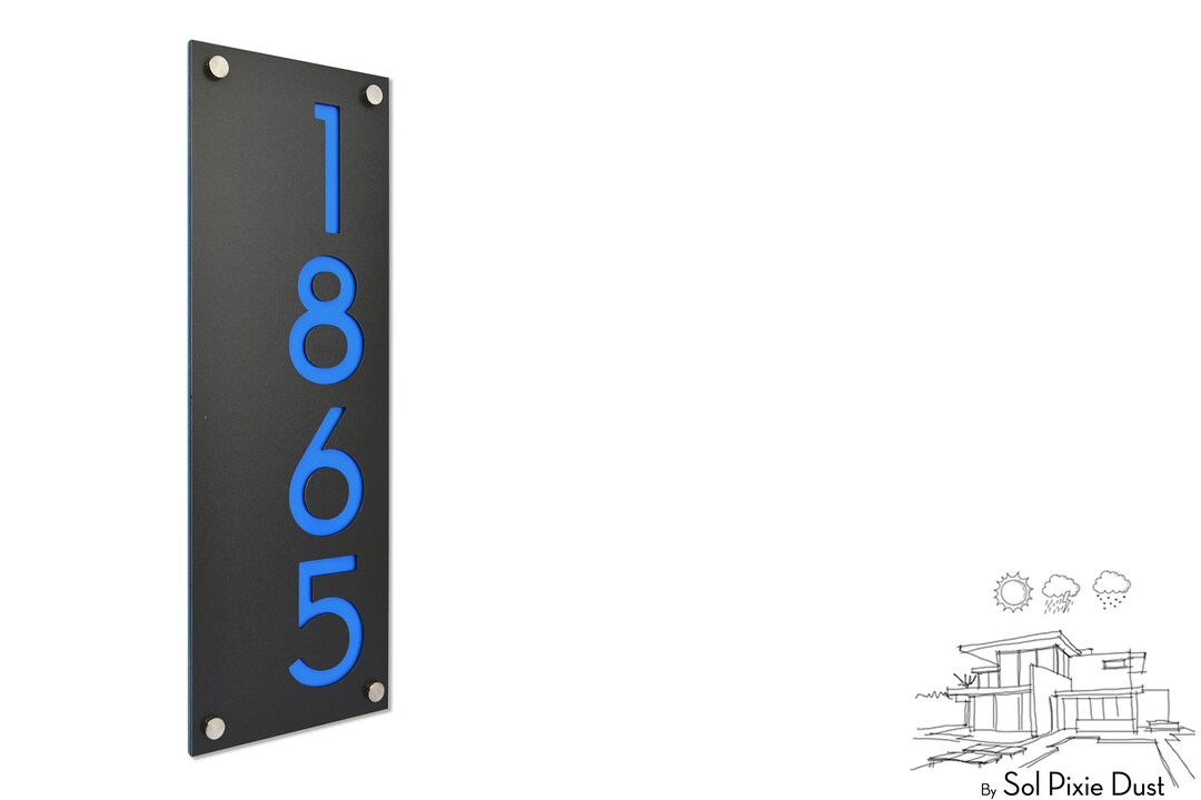 Modern House Numbers, Metallic Gray Aluminum With Blue Acrylic ...