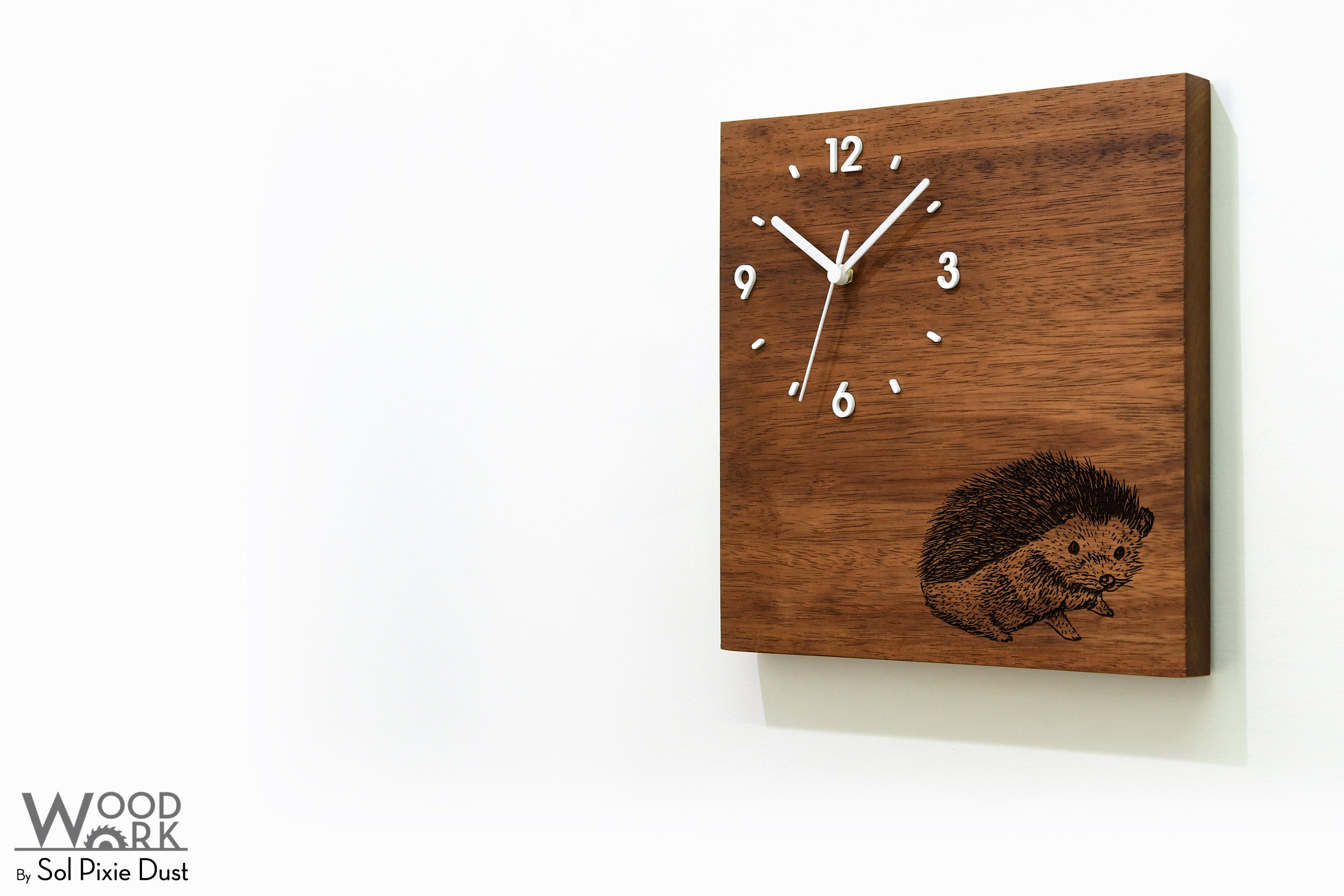 Solid Wood Wall Clock Hedgehog Wood Laser Engraved | Etsy