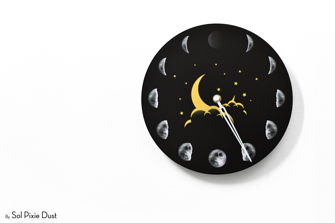 Moon Phase Wall Clock - Lunar Cycle - Round Black - Moon Phase Tracker ...