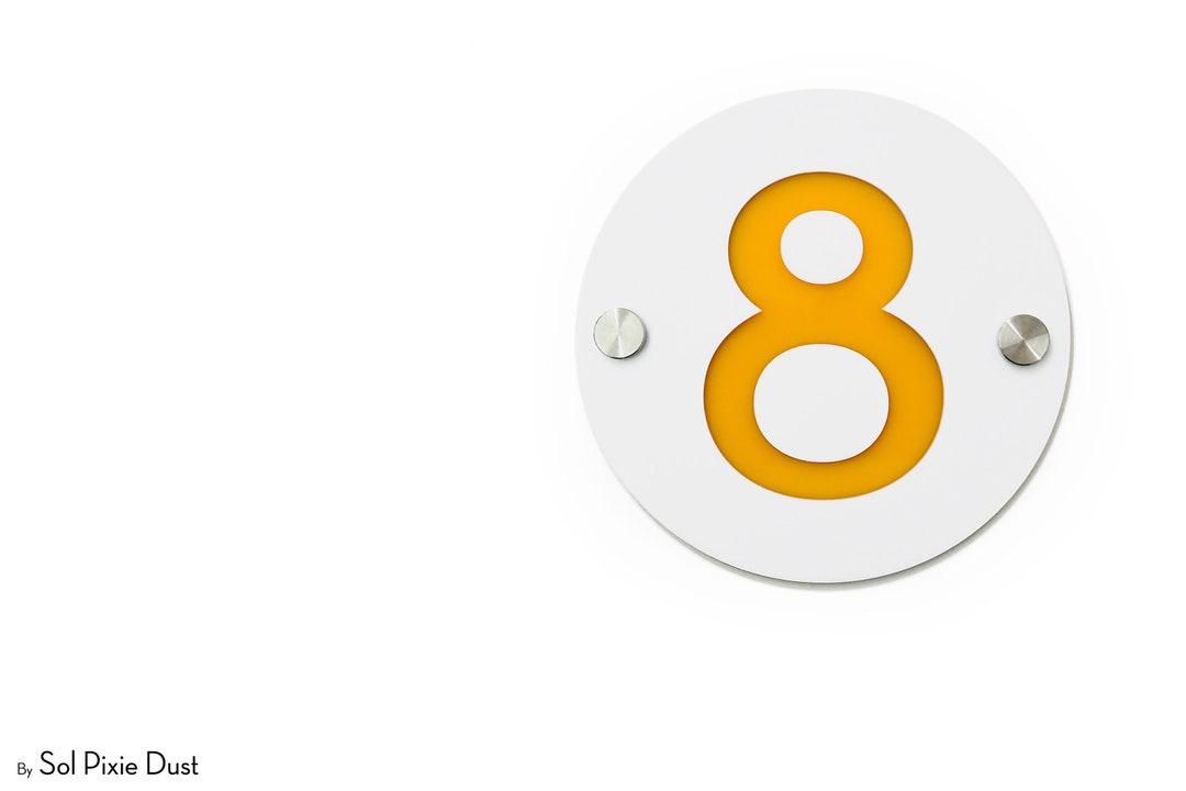 Modern House Numbers, One Number Round White Acrylic With Yellow ...