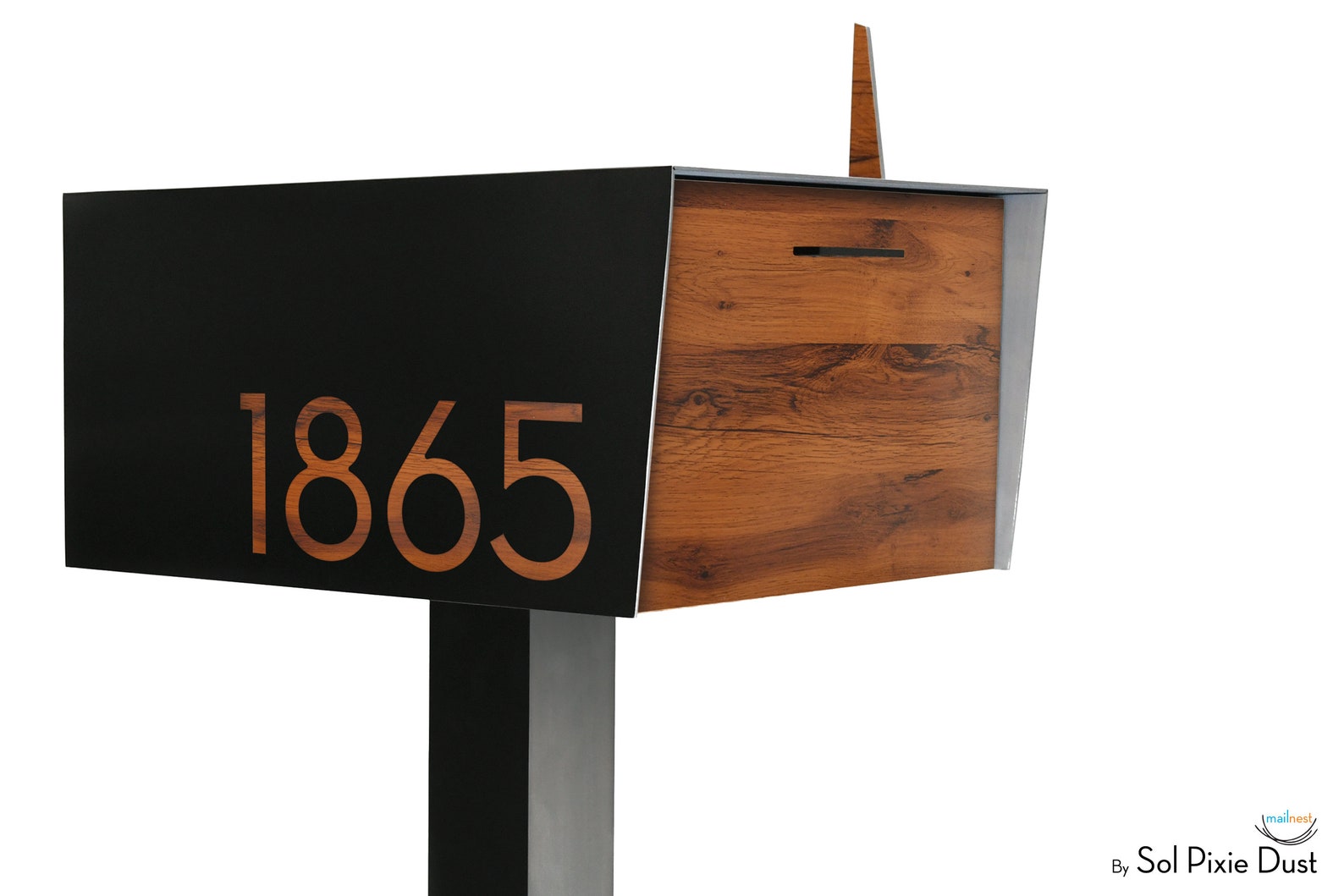 Extra Large Mailbox Post Mounted Aluminum Black Body With Red Oak Door ...