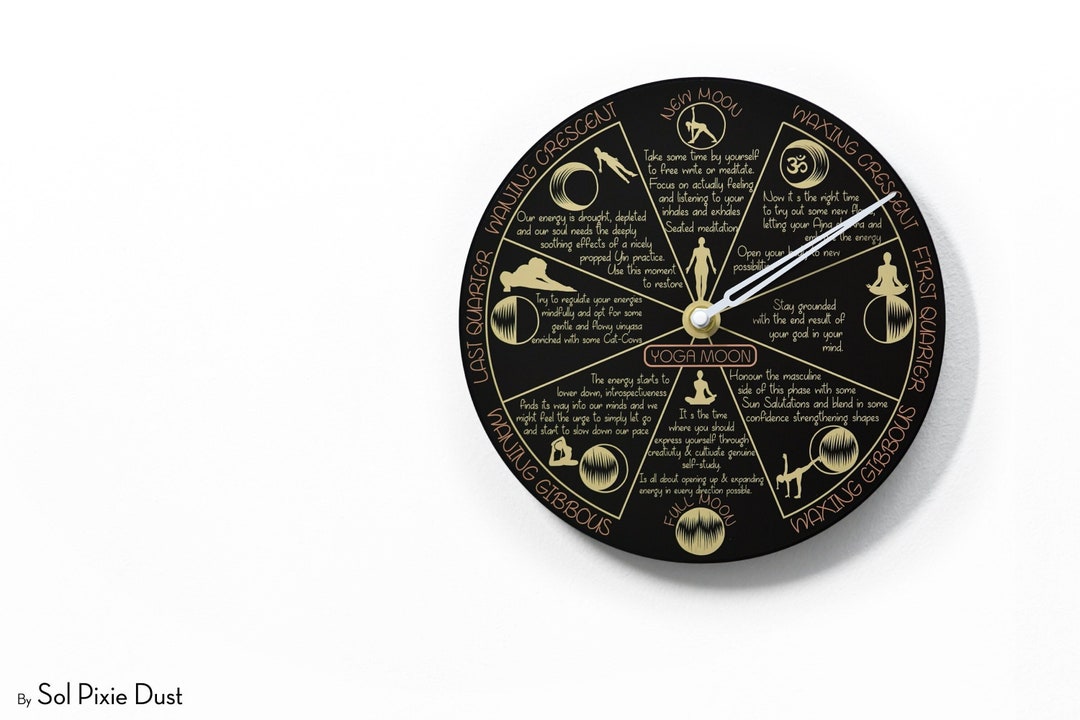 Moon Phase Wall Clock - Lunar Cycle With Yoga Poses - Yoga Clock ...
