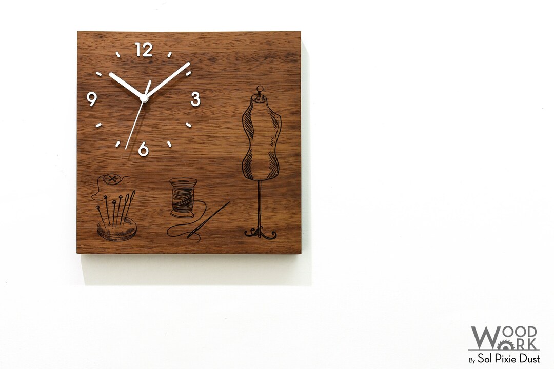 Solid Wood Wall Clock - Tailoring - Wood Laser Engraved - Massive Wood ...