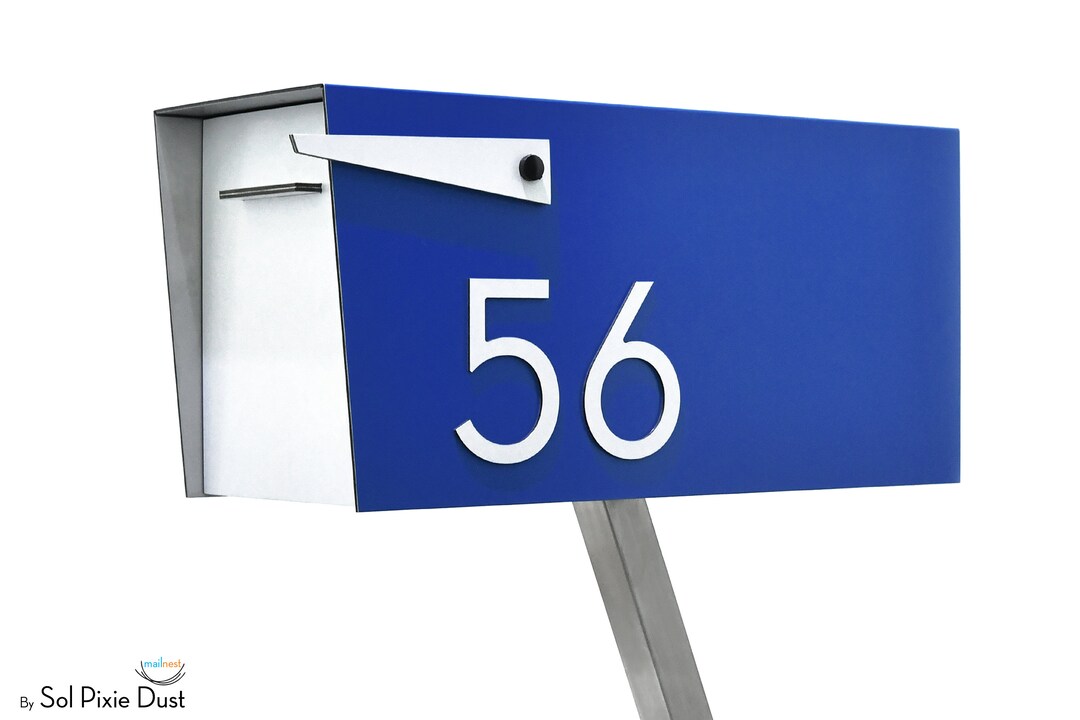 Contemporary Post Mounted Mailbox / Aluminum Blue Body and White Door ...