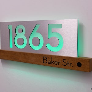 Modern House Numbers - LED Light 5V or 12V - Iroko Wood & Brush Silver ...