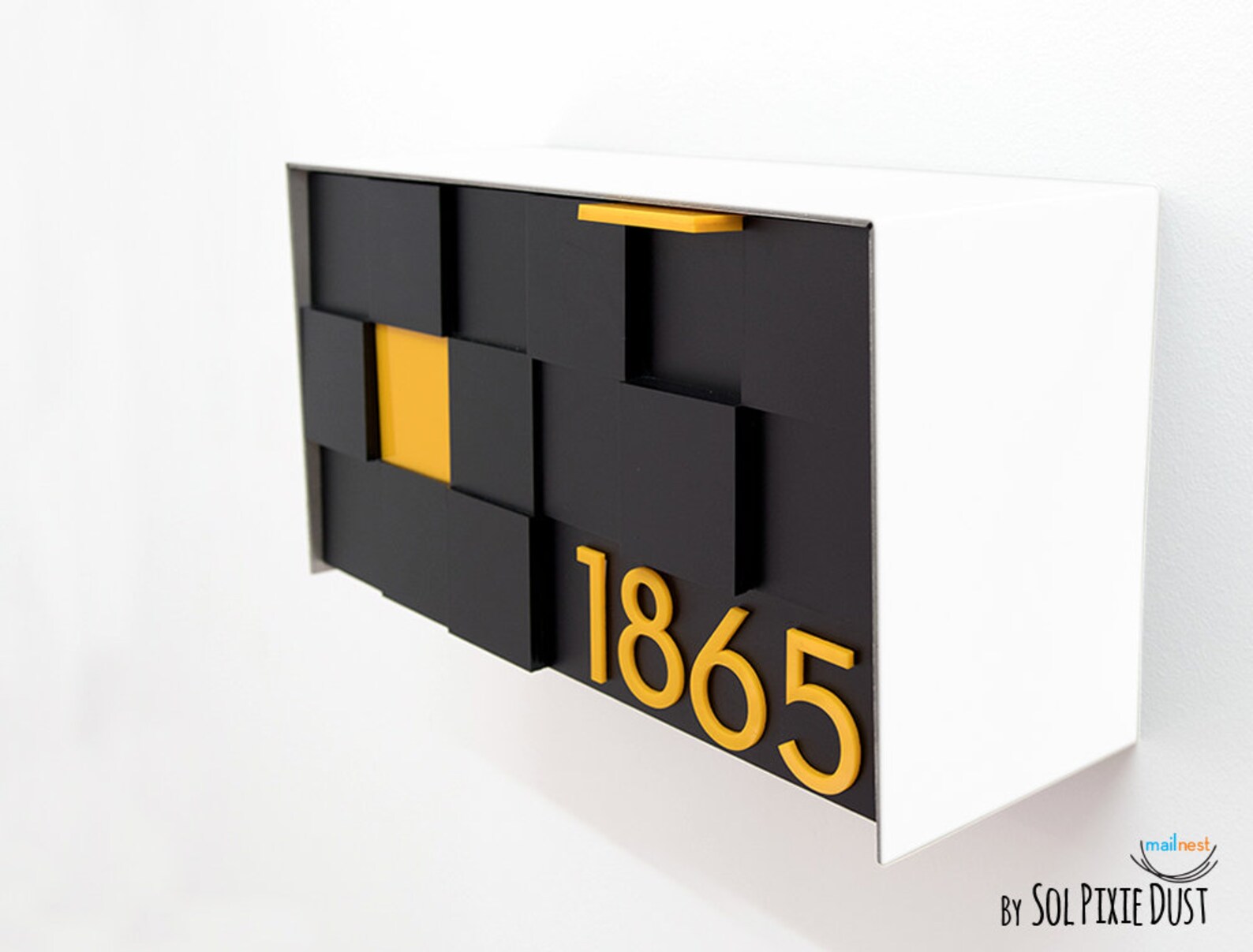 Mailbox With 3d Black Acrylic Face, Aluminum White Body and Yellow ...