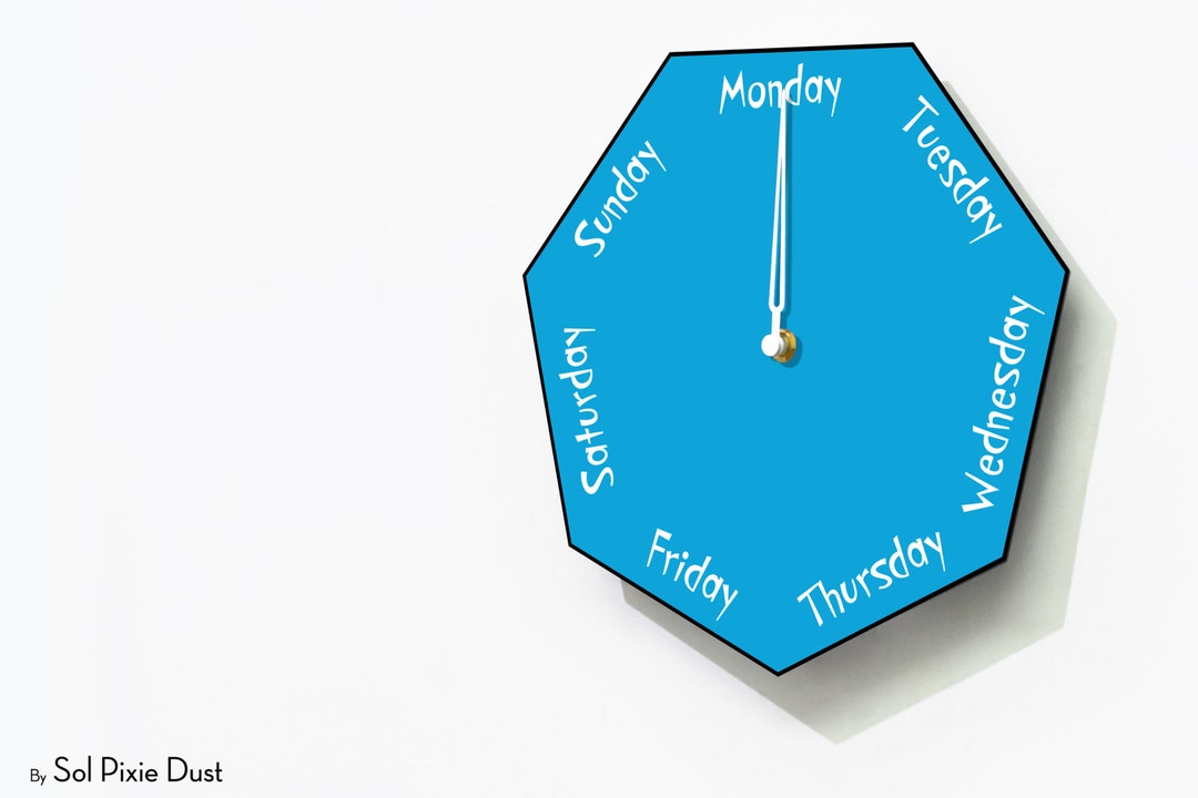 Day of the Week Clock Heptagon Blue Wall Clock Week Clock Fun ...