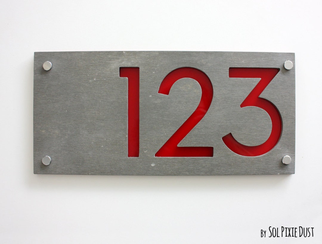 Modern House Numbers, Rectangle Concrete With Red Acrylic ...