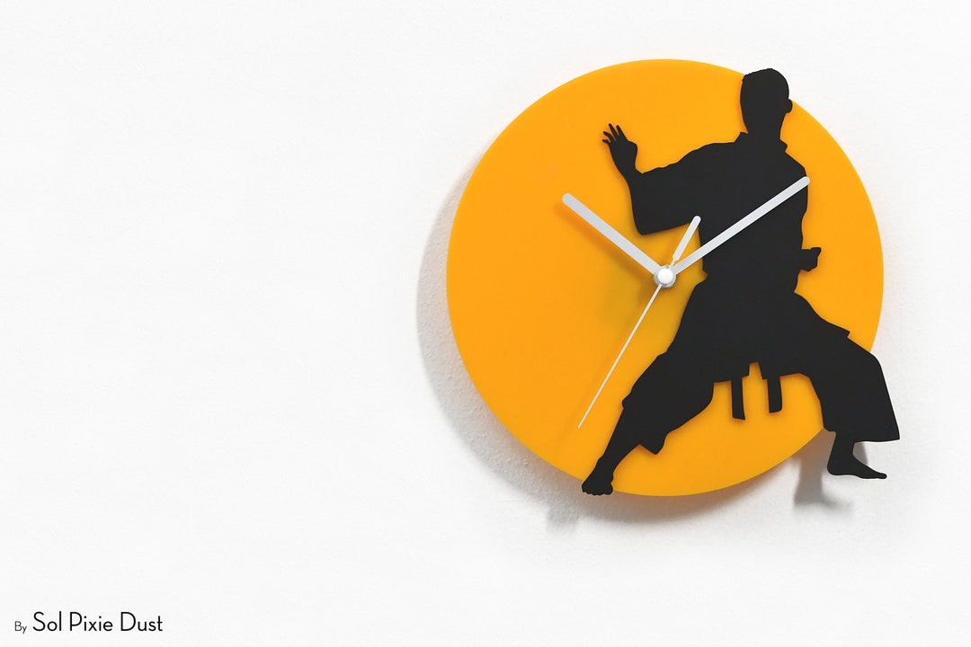 Karate Silhouette Wall Clock Yellow & Black Silhouette Sport Decor ...