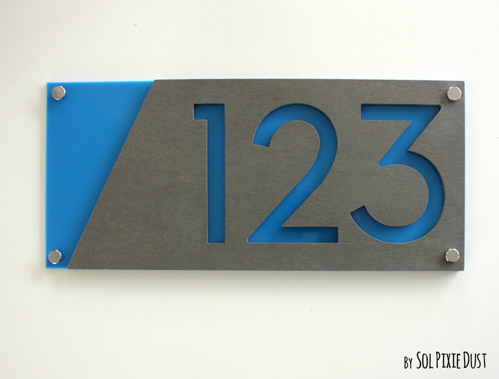 Modern House Numbers Concrete with Blue Acrylic | Etsy