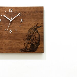 Solid Wood Wall Clock - Alice White Rabbit - Wood Laser Engraved ...
