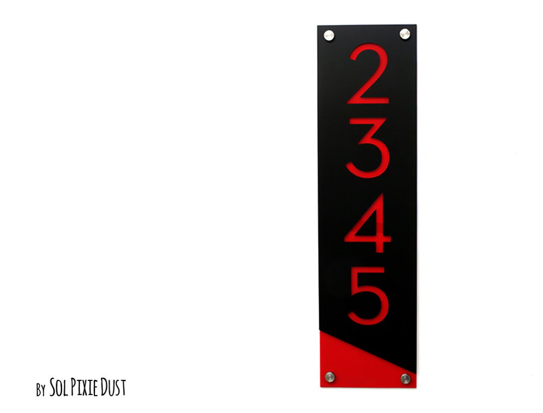 Modern House Numbers, Black Acrylic With Red Acrylic - Vertical ...