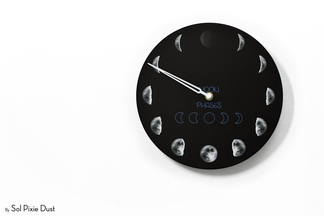 Moon Phase Wall Clock - Lunar Cycle - Round Black - Moon Phase Tracker ...