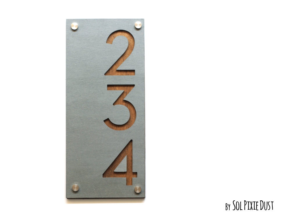 Modern House Numbers Concrete with Wood Vertical | Etsy