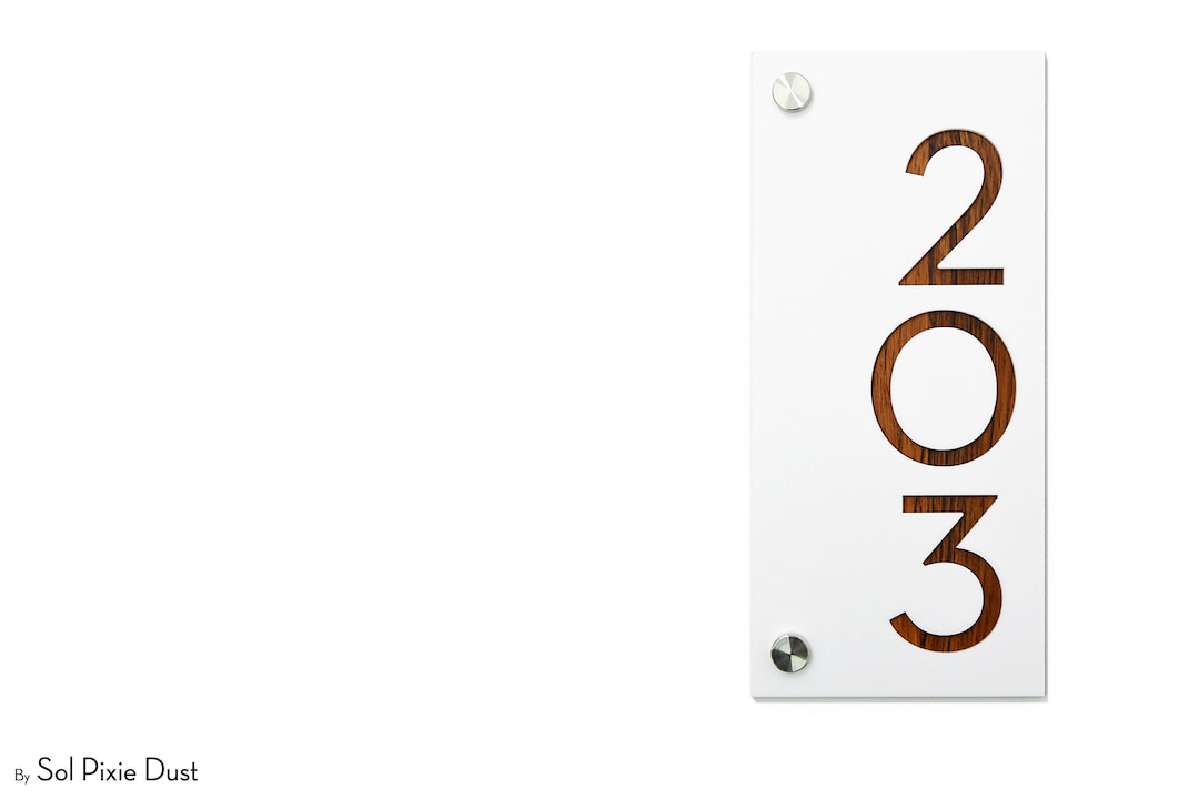 Modern House Numbers - 2 Screws Vertical White Acrylic With Red Oak ...