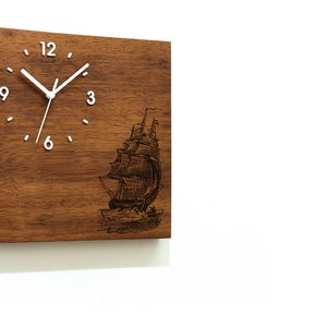 Solid Wood Wall Clock - Big Sailing Ship - Wood Laser Engraved ...
