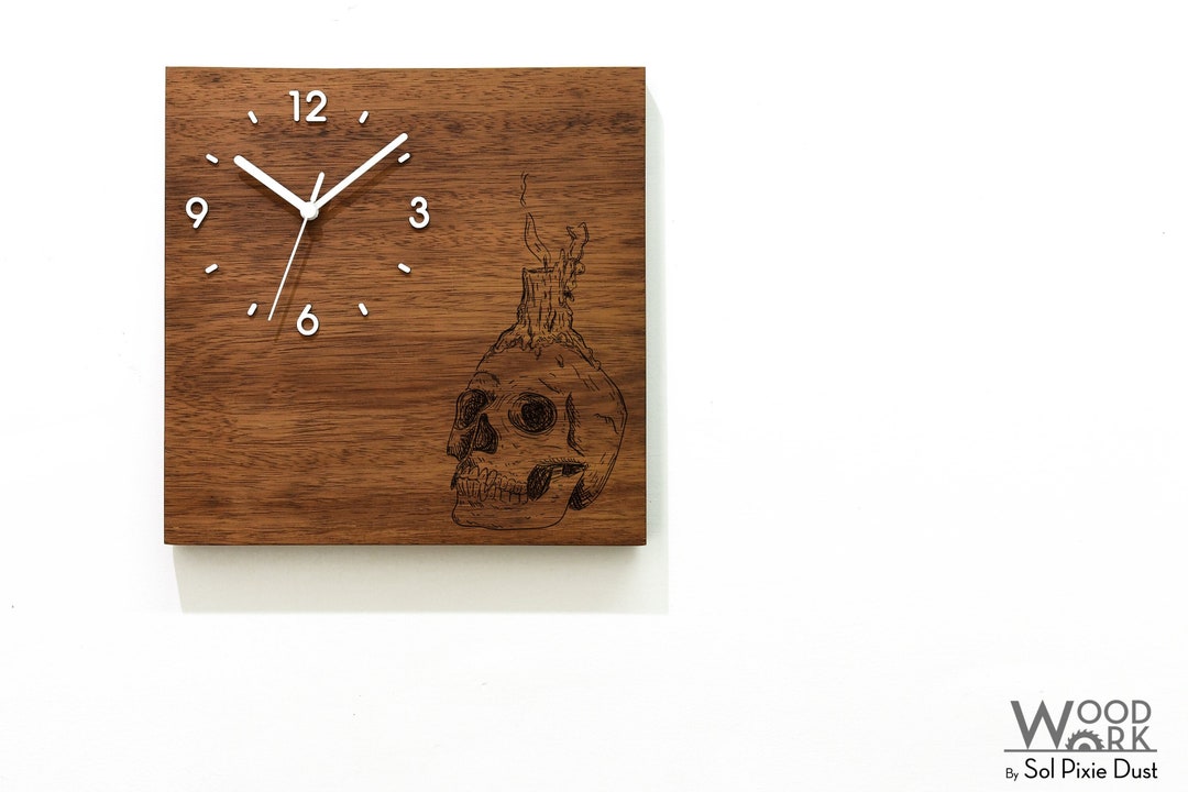 Solid Wood Wall Clock - Skull - Wood Laser Engraved - Massive Wood ...