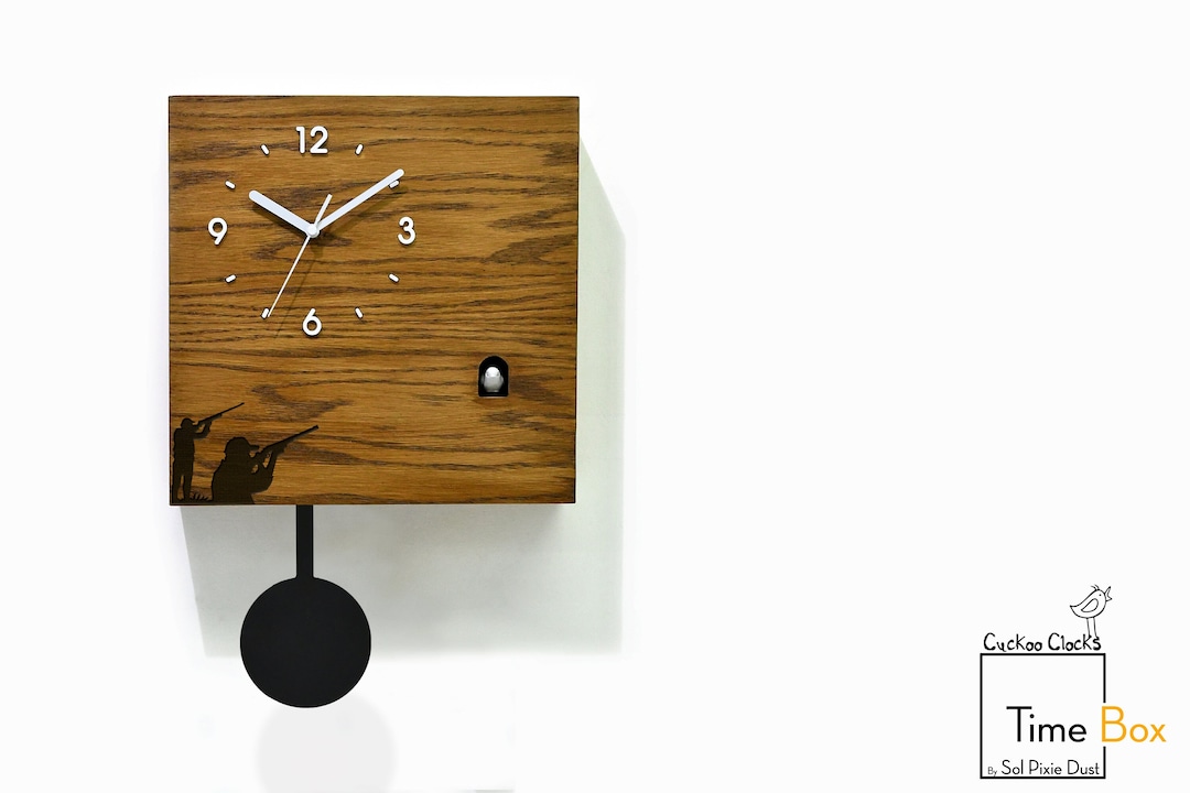 Modern Cuckoo Bird Time Box Clock - Dark Oak Wood Laser Engrave - Wall ...