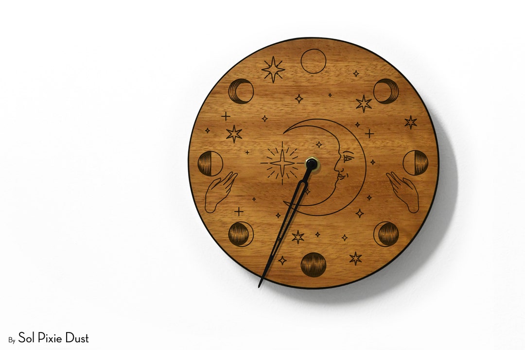 Small Wooden Moon Phase Wall Clock - Round Wall Clock - Iroko (african ...