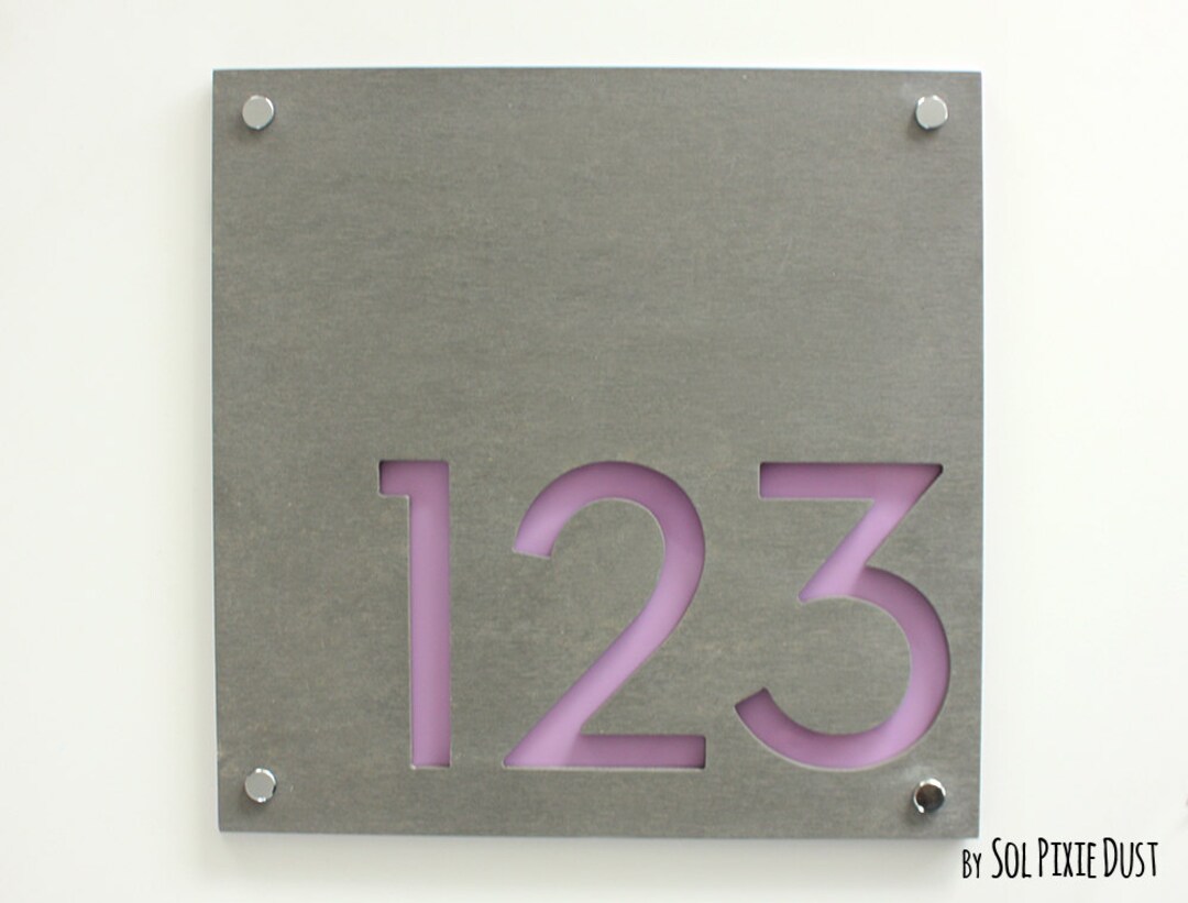Modern House Numbers, Square Concrete With Purple Acrylic ...
