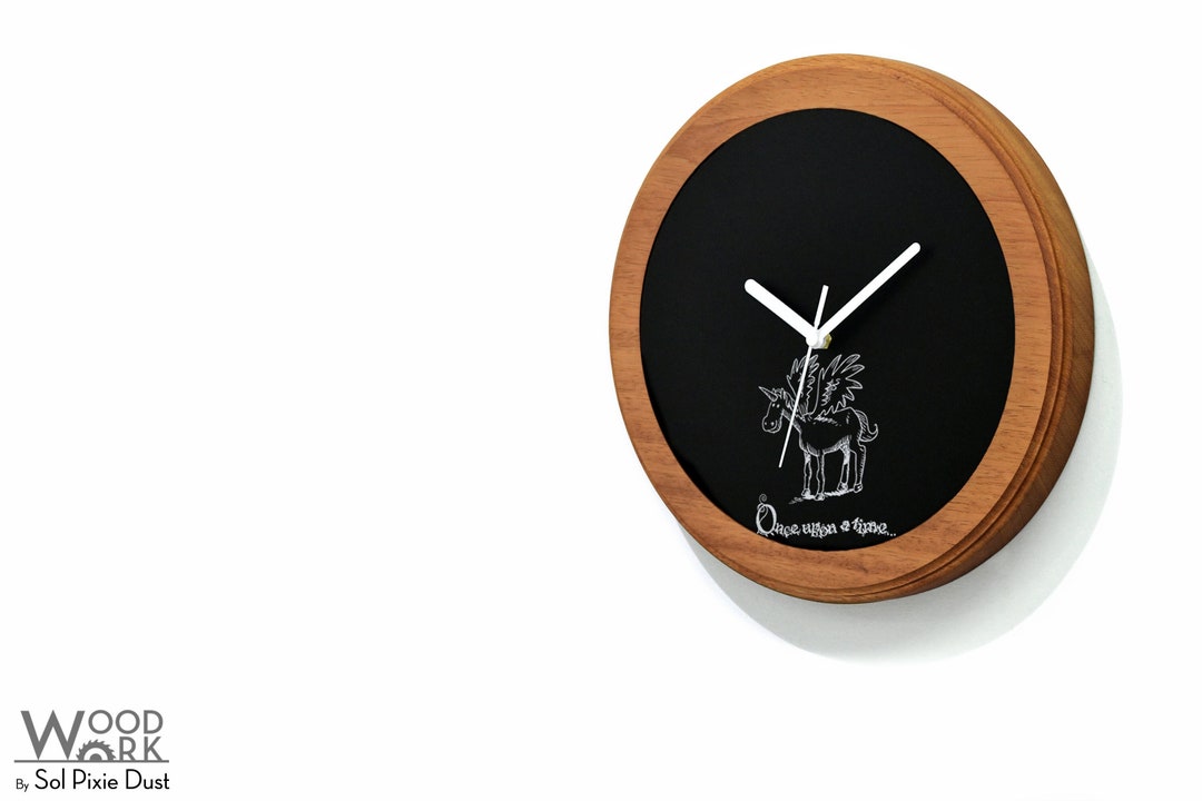 Round Wall Clock - Solid Iroko Wood - Black Aluminum Fiber Laser ...