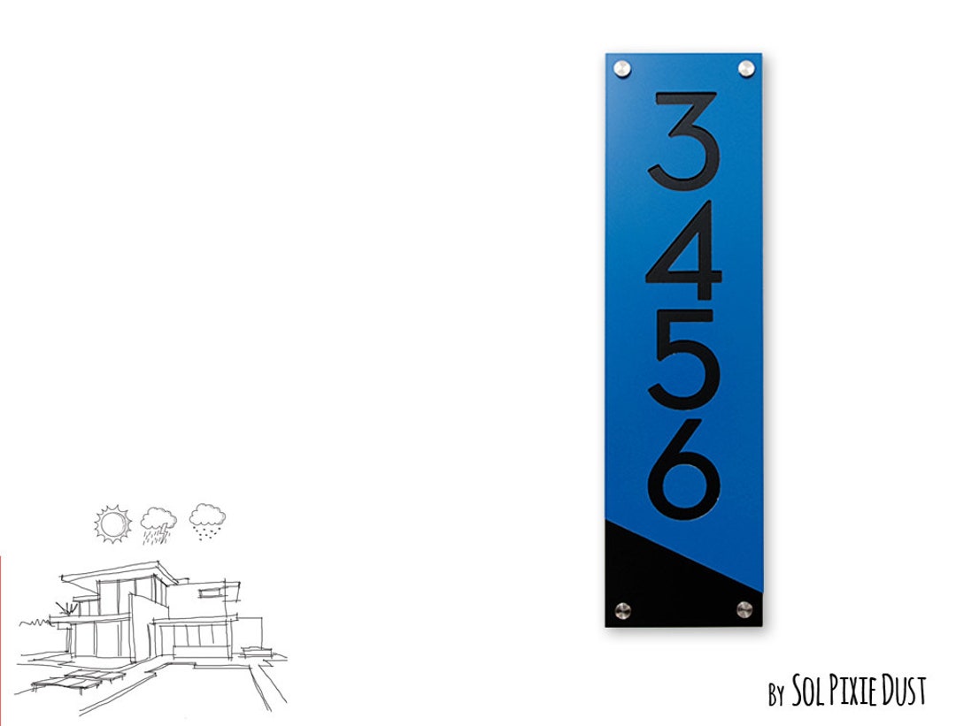 Modern House Numbers, Blue Alucobond With Black Acrylic - Vertical 3 ...