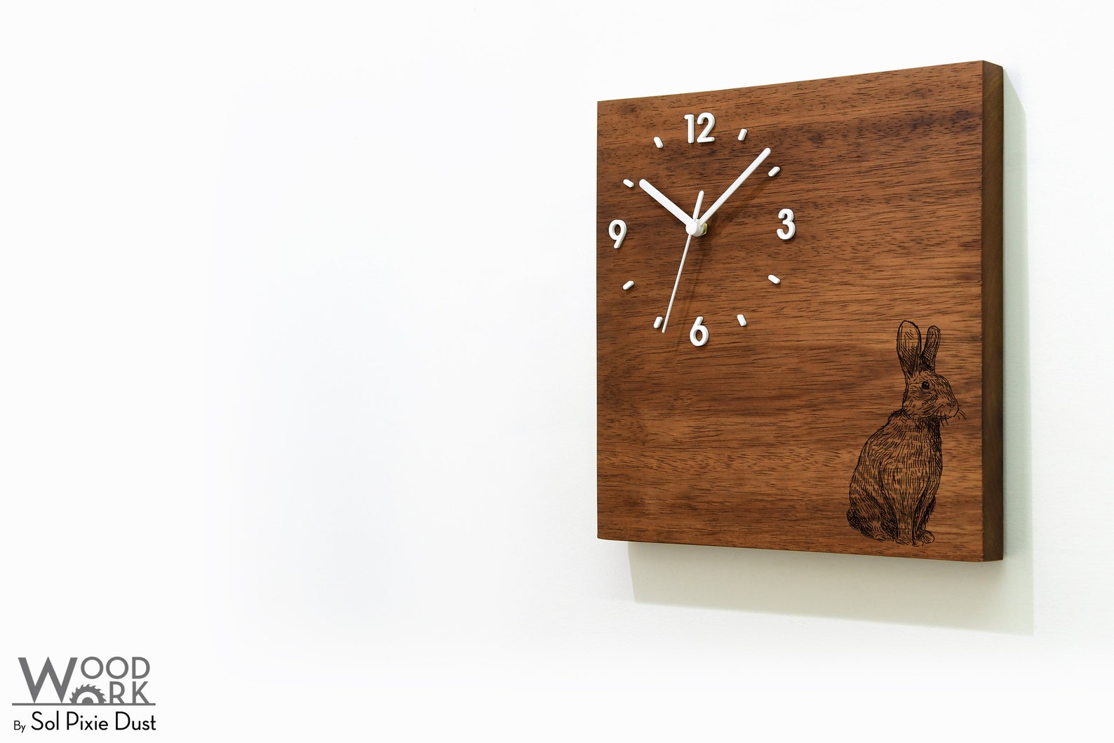 Solid Wood Wall Clock - Hare - Wood Laser Engraved - Massive Wood Iroko ...