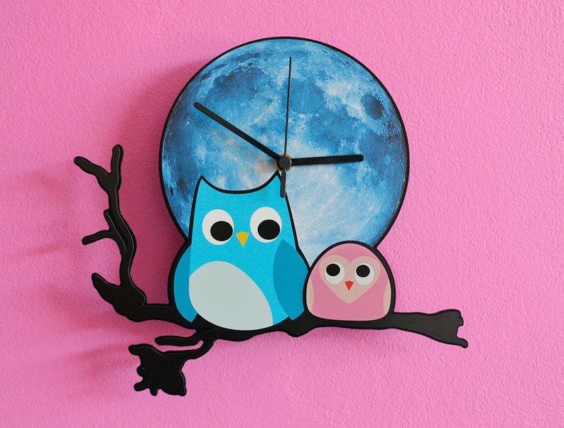 Owl With Baby Blue Moon Cartoon Wall Clock Wall Clock - Etsy