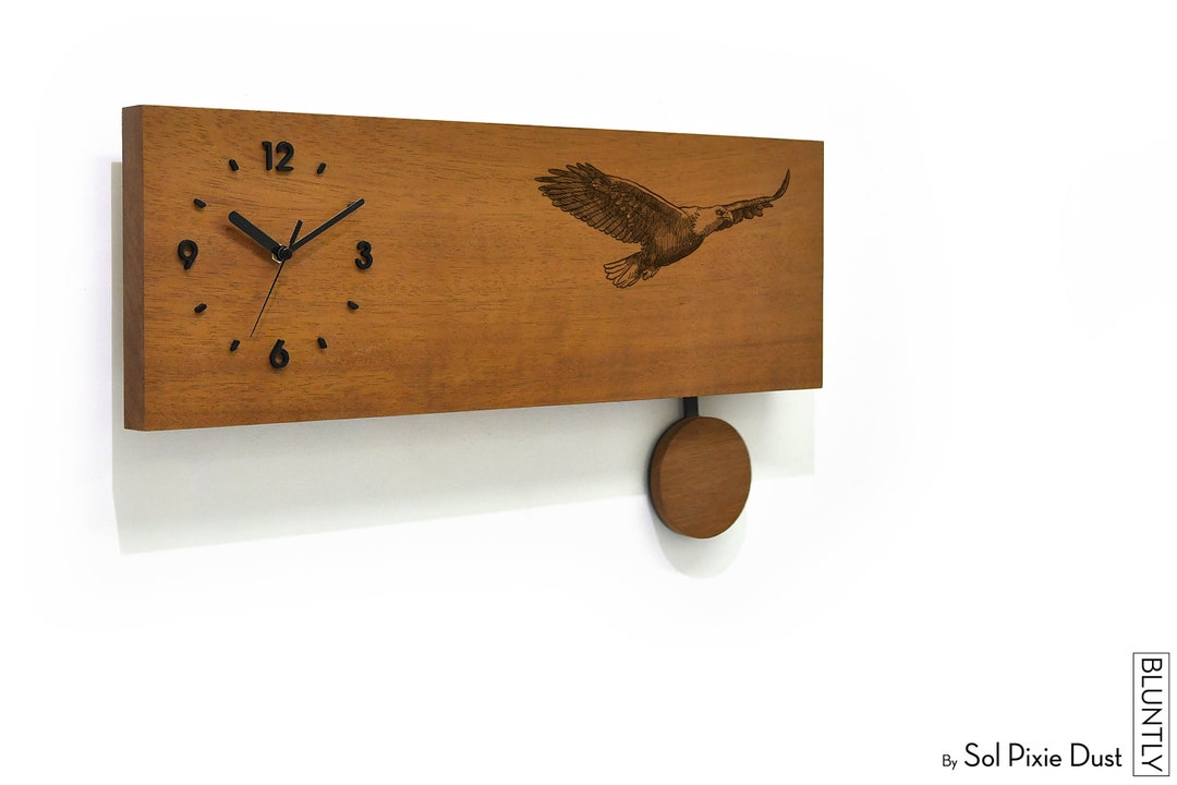 Modern Wooden Wall Clock - Pendulum Wall Clock - Laser Engraved on Iroko Wood - Forest Theme ...