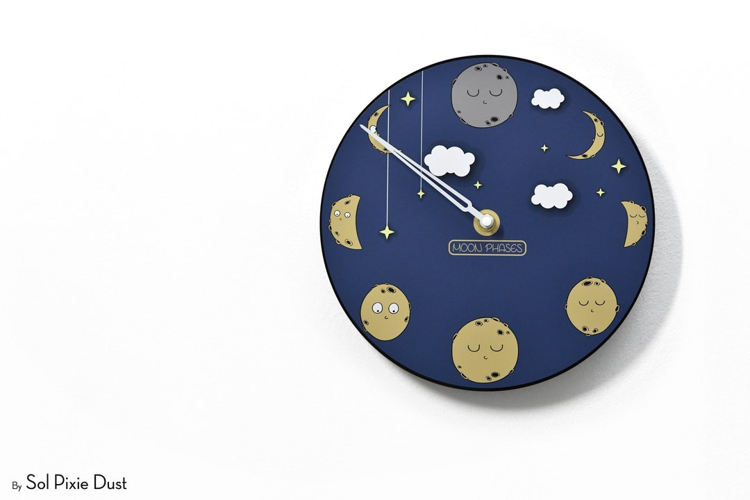 Moon Phase Wall Clock - Lunar Cycle - Round Blue - Moon Phase Tracker ...