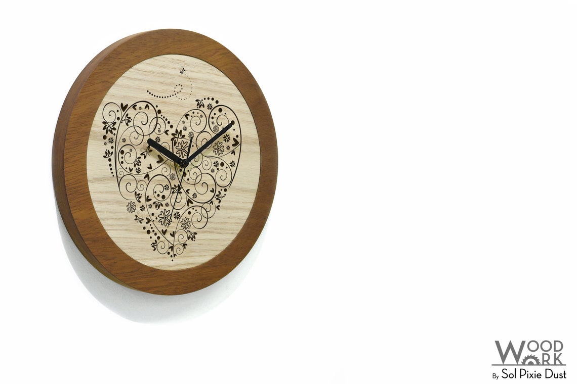 Wooden Round Clock Natural Wood Face Heart Laser Engraved - Etsy