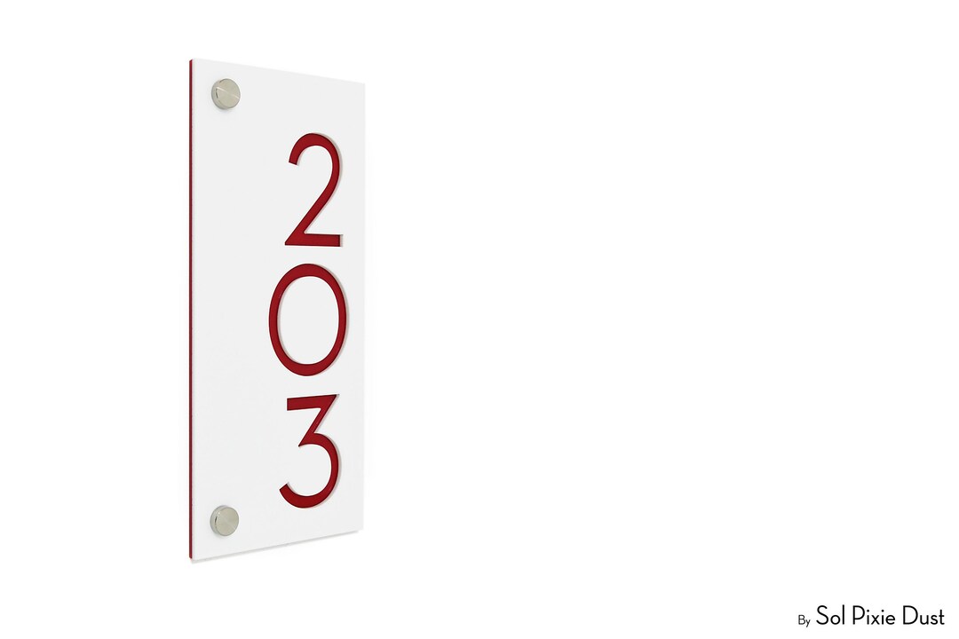 Modern House Numbers - 2 Screws Vertical White Acrylic With Red Acrylic ...