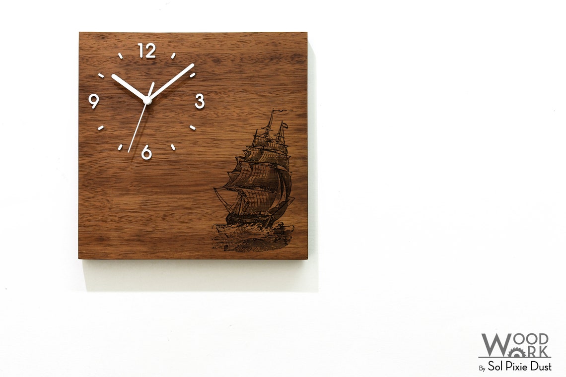 Solid Wood Wall Clock Big Sailing Ship Wood Laser Engraved | Etsy