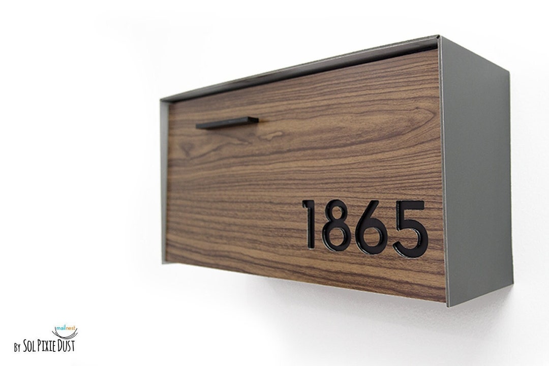 Mailbox With Aluminium Wood Walnut Face, Metallic Gray Aluminum Body ...