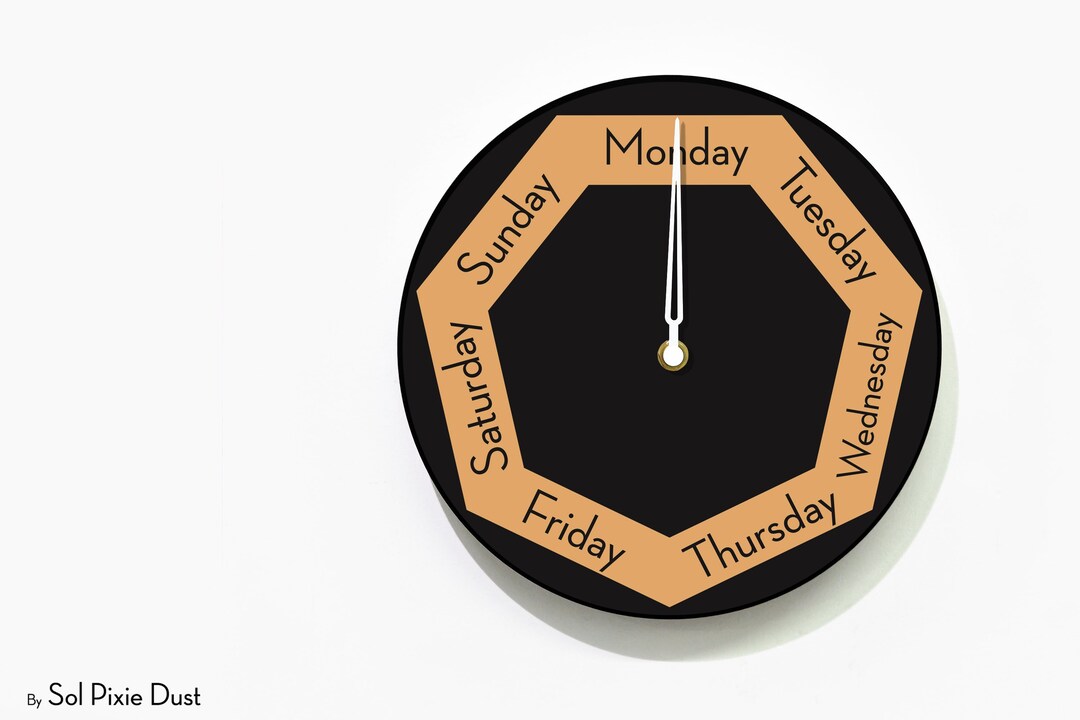 Day of the Week Clock - Round Black & Orange Wall Clock - Week Clock ...