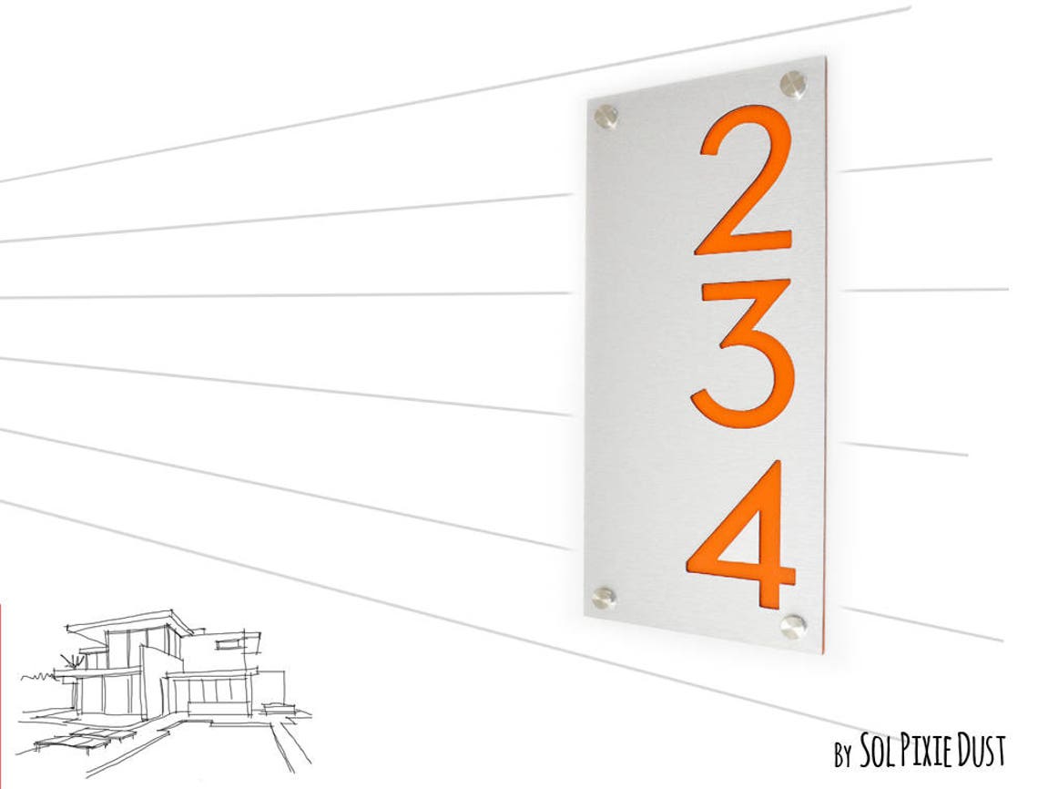 Modern House Numbers, Alucobond With Orange Acrylic - Vertical ...