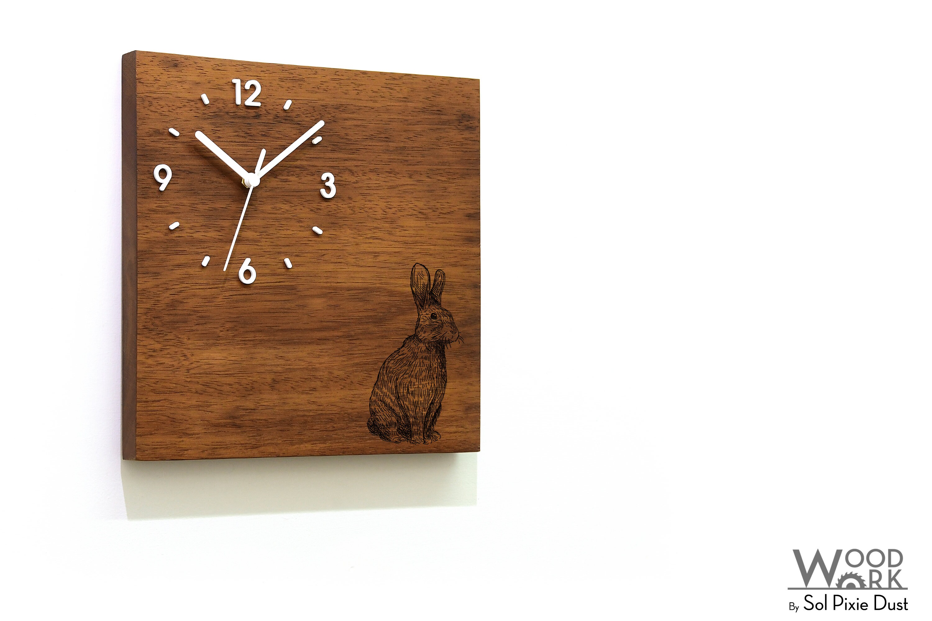 Solid Wood Wall Clock - Hare - Wood Laser Engraved - Massive Wood Iroko ...