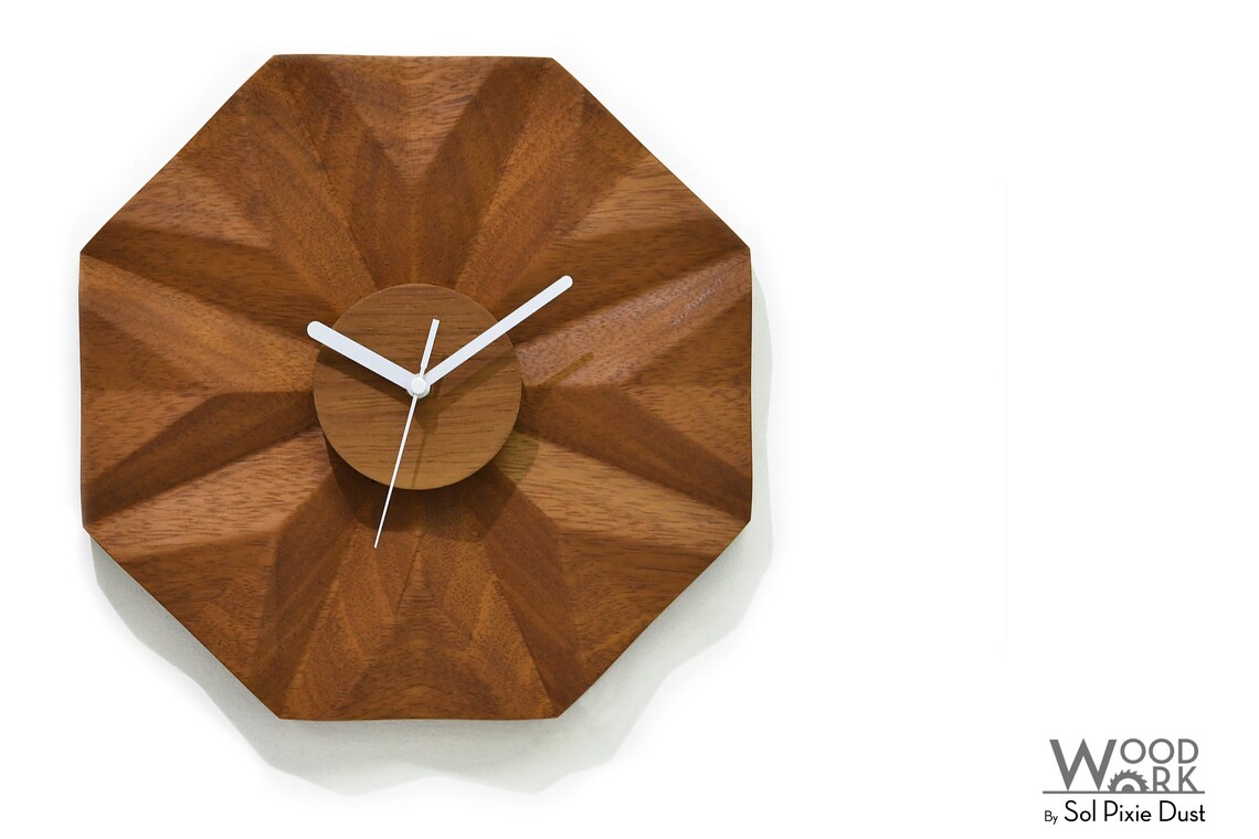 3D Daisy Clock - Solid Wooden Wall Clock - Massive Wood Iroko - Wood ...