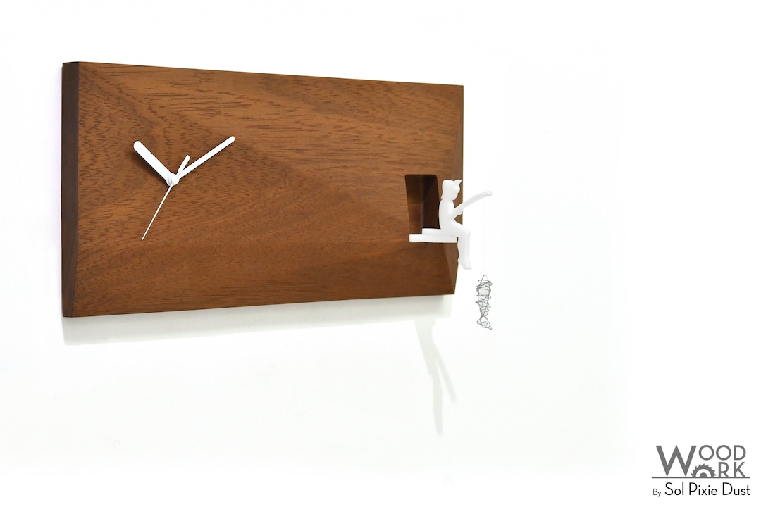 3D Wooden Clock With Fisherman and Hand-knitted Wire Fish - Solid Wood ...