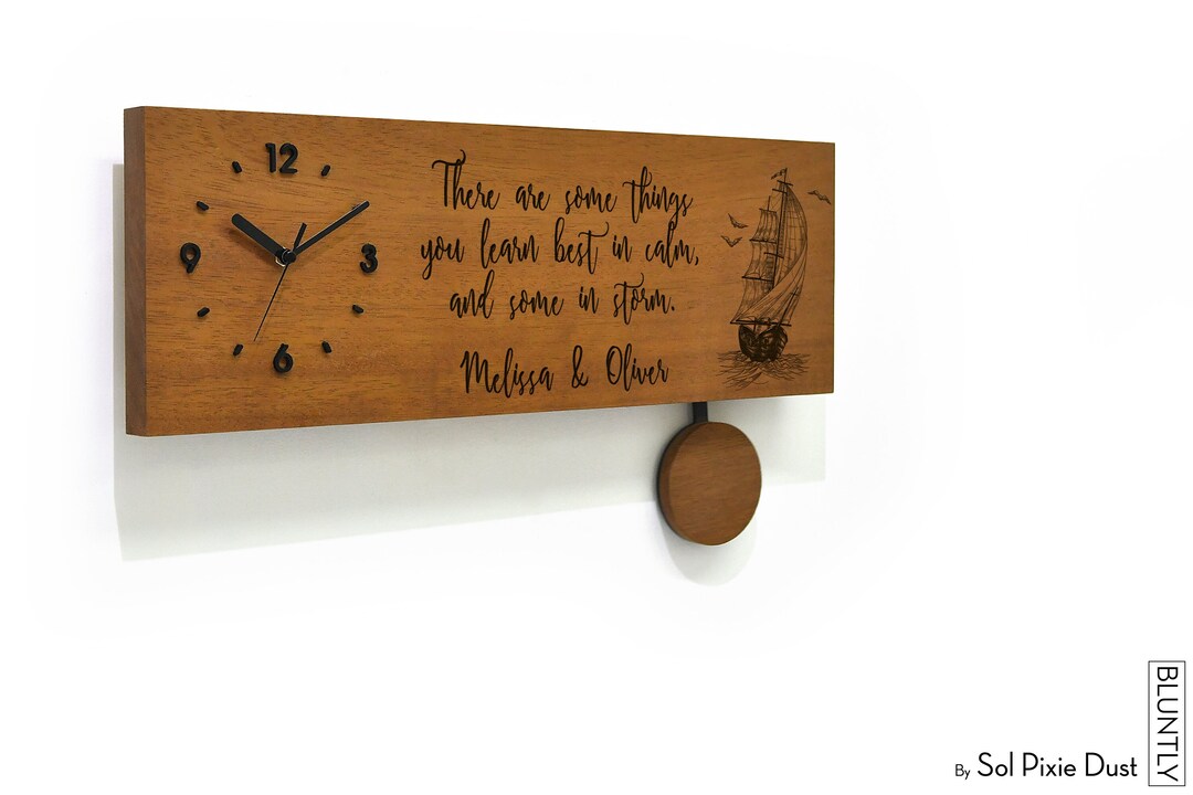 Modern Wooden Wall Clock - Pendulum Clock - Laser Engraved Iroko Wood ...