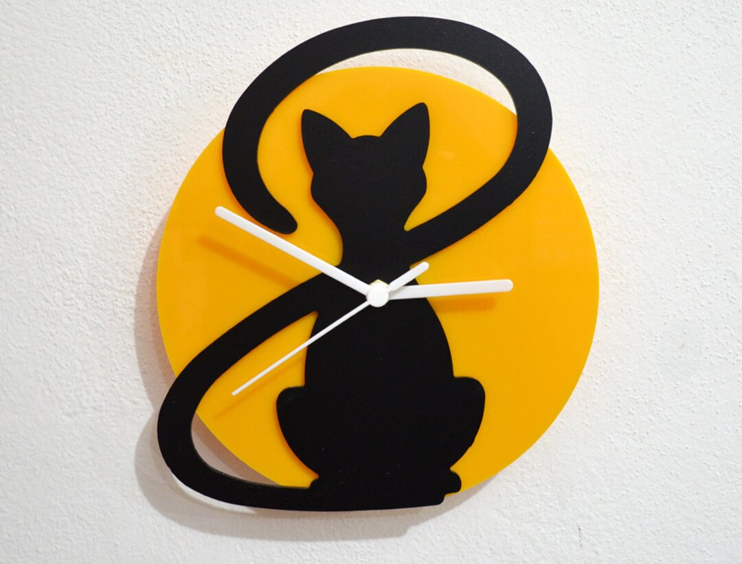Cat With Big Tail - Black & Yellow Silhouette - Wall Clock - Etsy