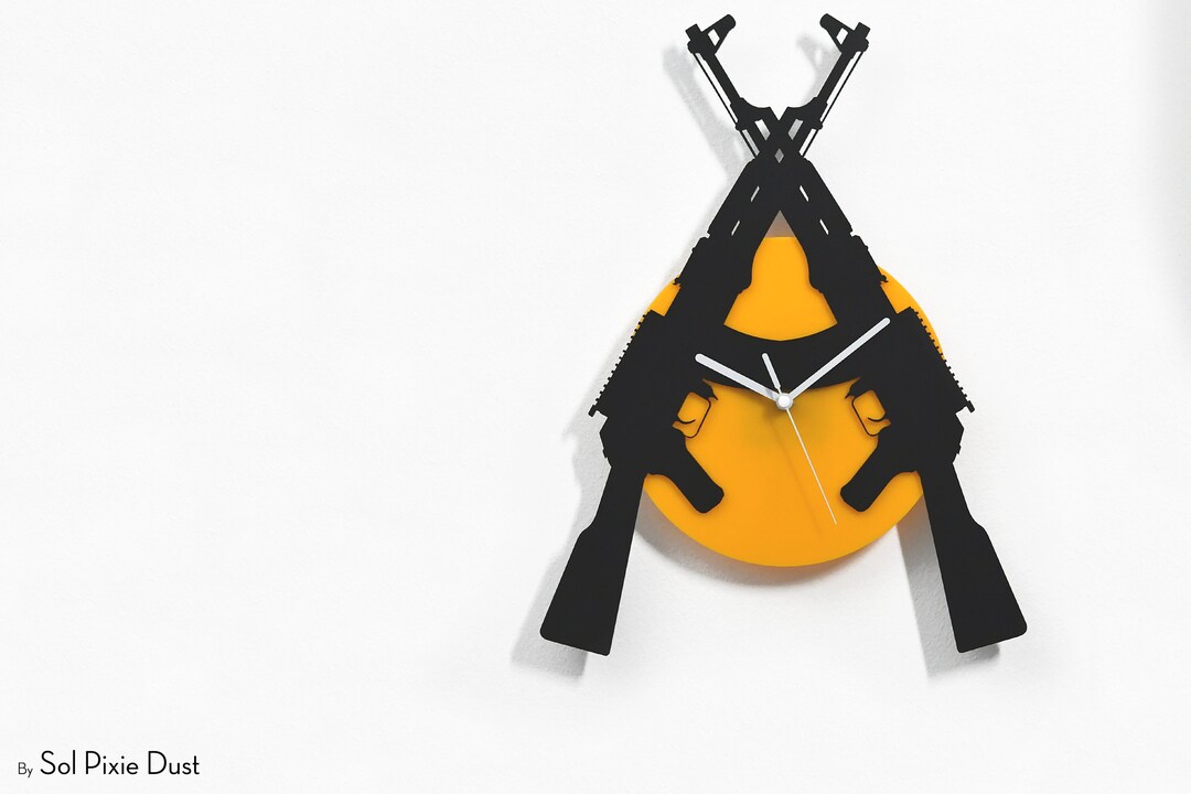 AK47 Rifles Silhouette Wall Clock Yellow & Black Silhouette Army Gift ...