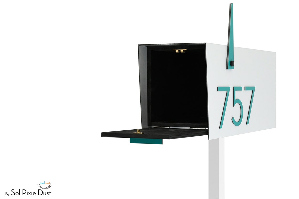 Contemporary Post Mounted Mailbox, Aluminum White Body and Ocean Green ...
