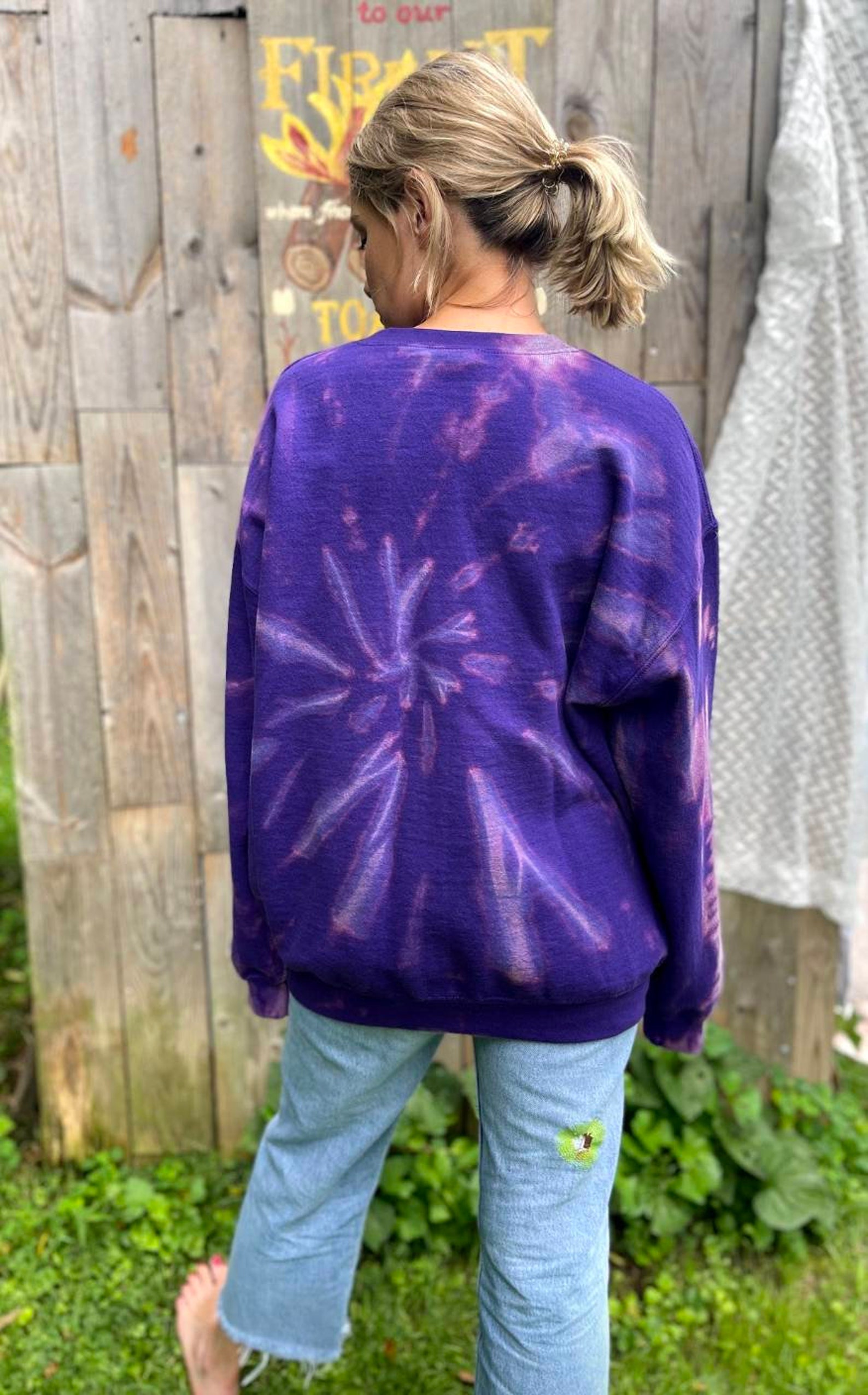 Bleach Dyed Sweaters Tie-dye Crew Neck Long Sleeve Cotton Purple Black ...